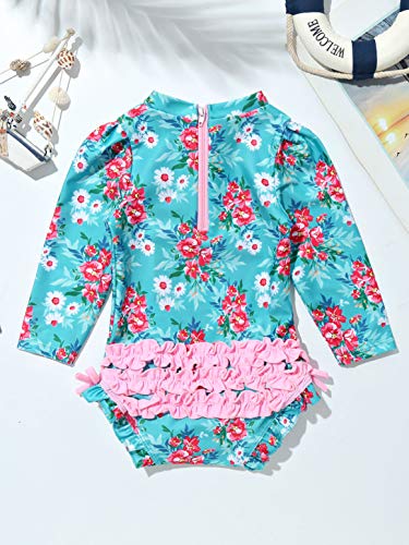 MSemis Infant Baby Girls Floral Printed Ruffled Back Rash Guard UPF 50+ Swimwear Swimsuit Bathing Suit Blue 18-24 Months
