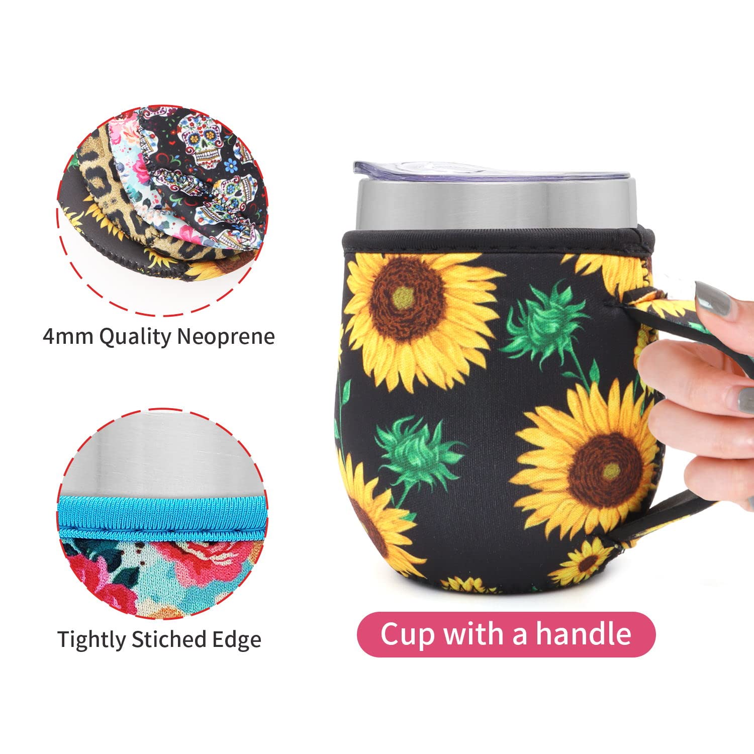 4Pack Reusable Neoprene Insulated Sleeves With Handle For 12oz Stemless Wine Glass, 16oz Regular Mouth Pint Mason Jars (Flower)