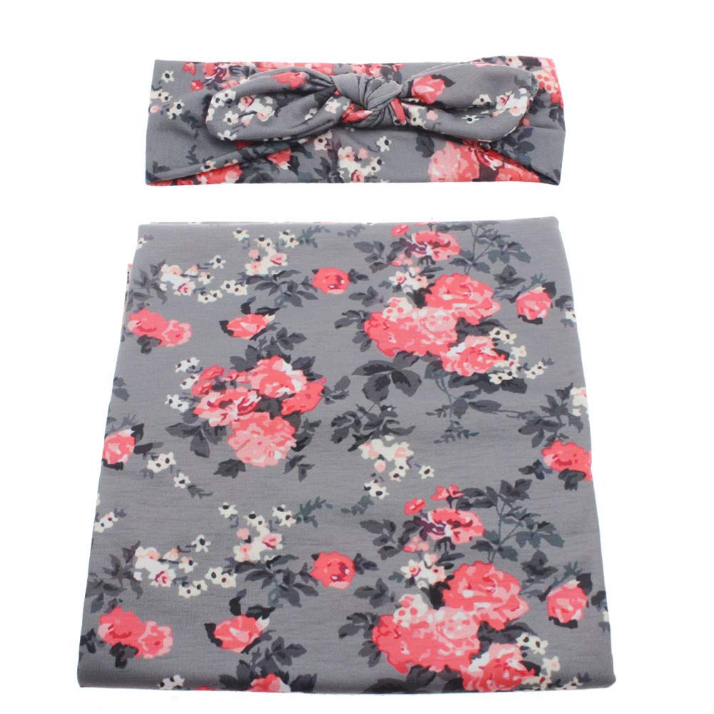 Infant Floral Swaddle Wrap with Headbands Hats Value Set Newborn Receiving Blanket Photography Props 35X35inch