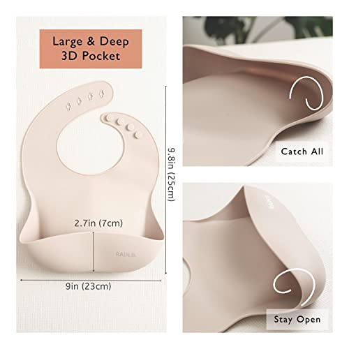 RAIN.B. Baby Silicone Bib Set of 2 - Adjustable Waterproof Baby Food Bibs with Food Catcher|Cherry Blush + Glacier Blue