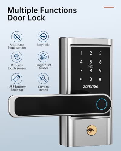 Keyless Entry Door Lock, Zomnua Fingerprint Lever Lock Keypad Door Lock with Handle, Deadbolt Alternative Front Door Lock Biometric Passcode Code Door Lock with IC Card for Home Hotel Office (Silver)