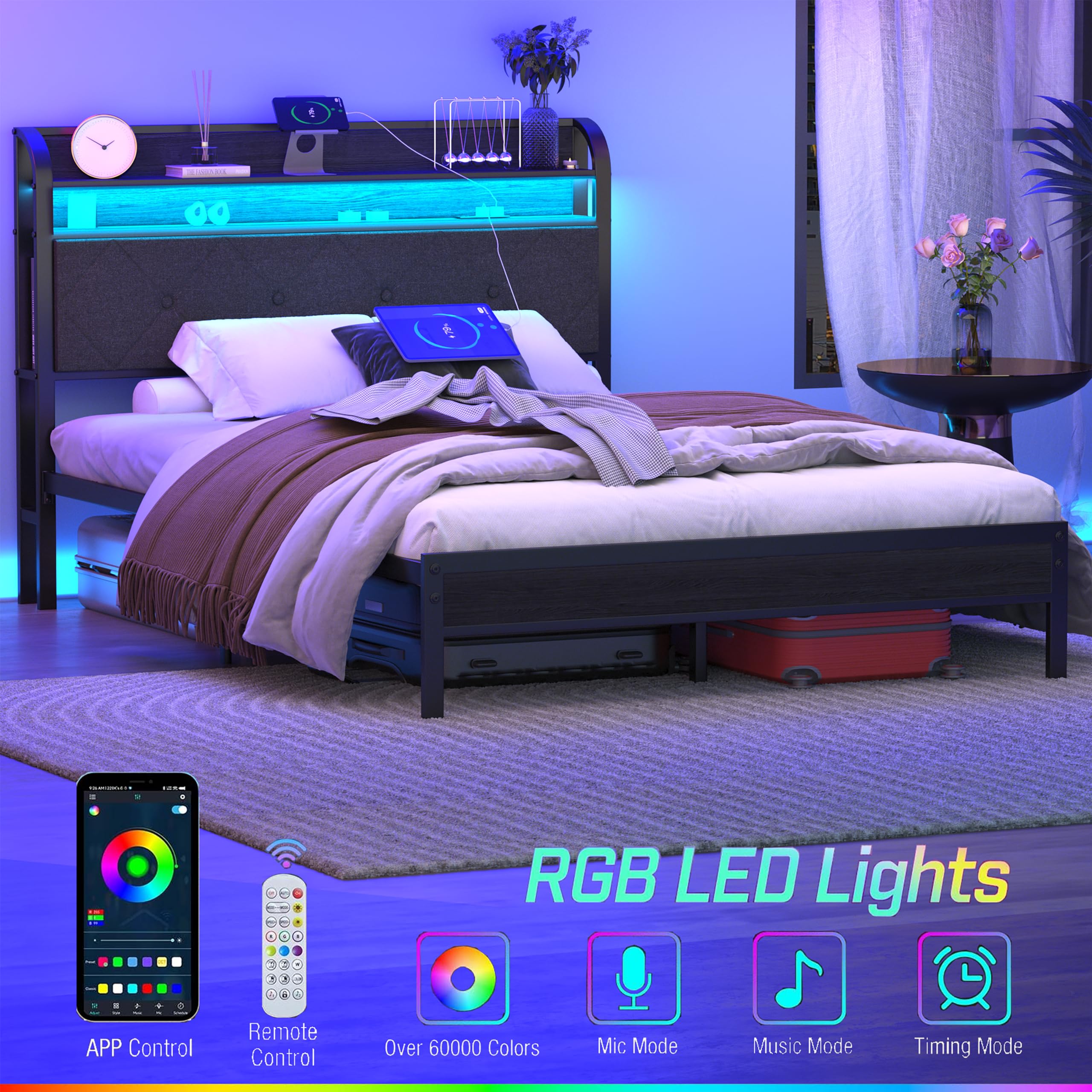 Ptsyz Bed Frame Full Size with Charging Station and LED Lights,Upholstered Headboard with Storage Shelves（Dark Grey），Noise Free，Easy Assembly，No Box Spring Needed，Sturdy and Durable.