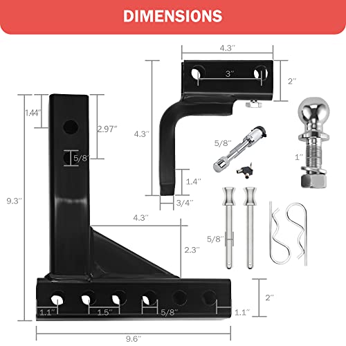 OPENROAD Adjustable Trailer Hitch Ball Mount Fits 2-Inch Receiver, 2" Tow Balls 7500lbs, 9-1/2" Drop/ 8-1/4" Rise Drop Hitch, Tow Hitch for Heavy Duty Truck with Stainless Steel Pins and Lock