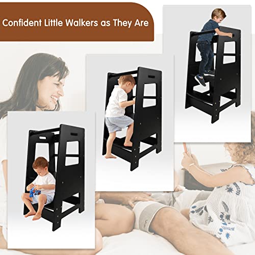 ECOMEX Standing Tower for Toddlers, Toddler Stool for Kitchen Counter Kids Kitchen Step Stool with Safety Rail Toddler Standing Tower with Adjustable Platform for Kitchen Counter, Classic Black