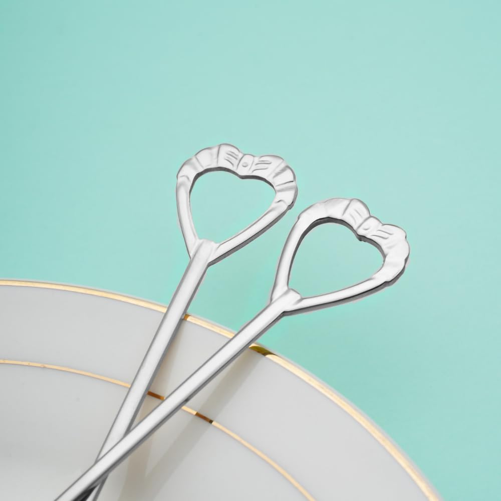 Ouliget Stainless Steel Tableware Dessert Spoons Set, Heart Shaped Straight Shank Coffee Spoons, Mirror Polished Finish Mini Teaspoons, Dishwasher Safe, 4 Pack