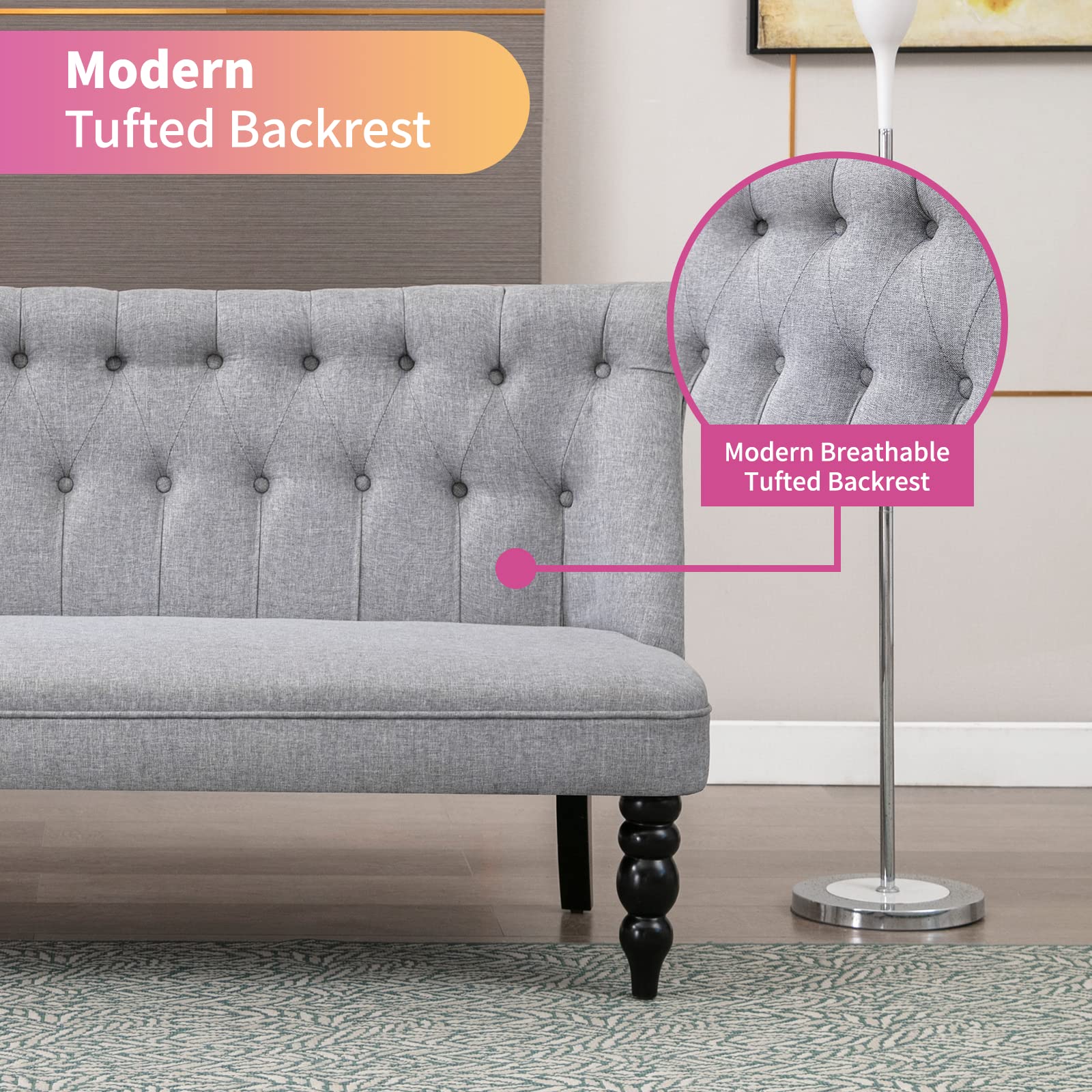 Mixoy Upholstered Loveseat Settee Sofa, with Tufted Button Backrest & Chic Legs, European Armless Loveseat Dining Bench for Dining/Living Room Hallway or Entryway Seating(Light Grey1)