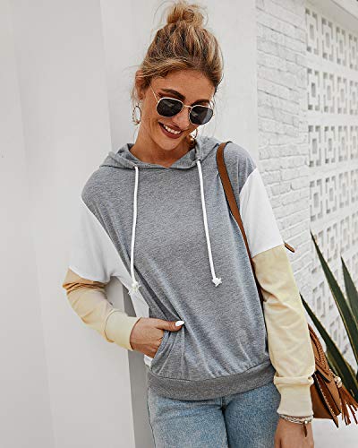 Women's Active Sweatshirt Hoodie,Long Sleeve Block Color Drawstring Pullover Tops with Pockets Gray