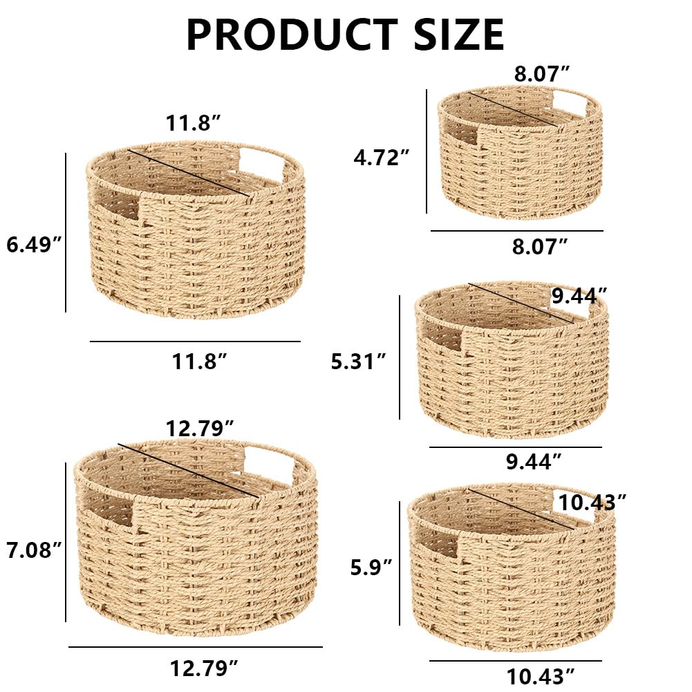 Airsnigi Round Wicker Storage Basket, Paper Rope Large Woven Basket Hand-Woven With Handles, Wicker Baskets for Organizing/Storage, 5 Pack
