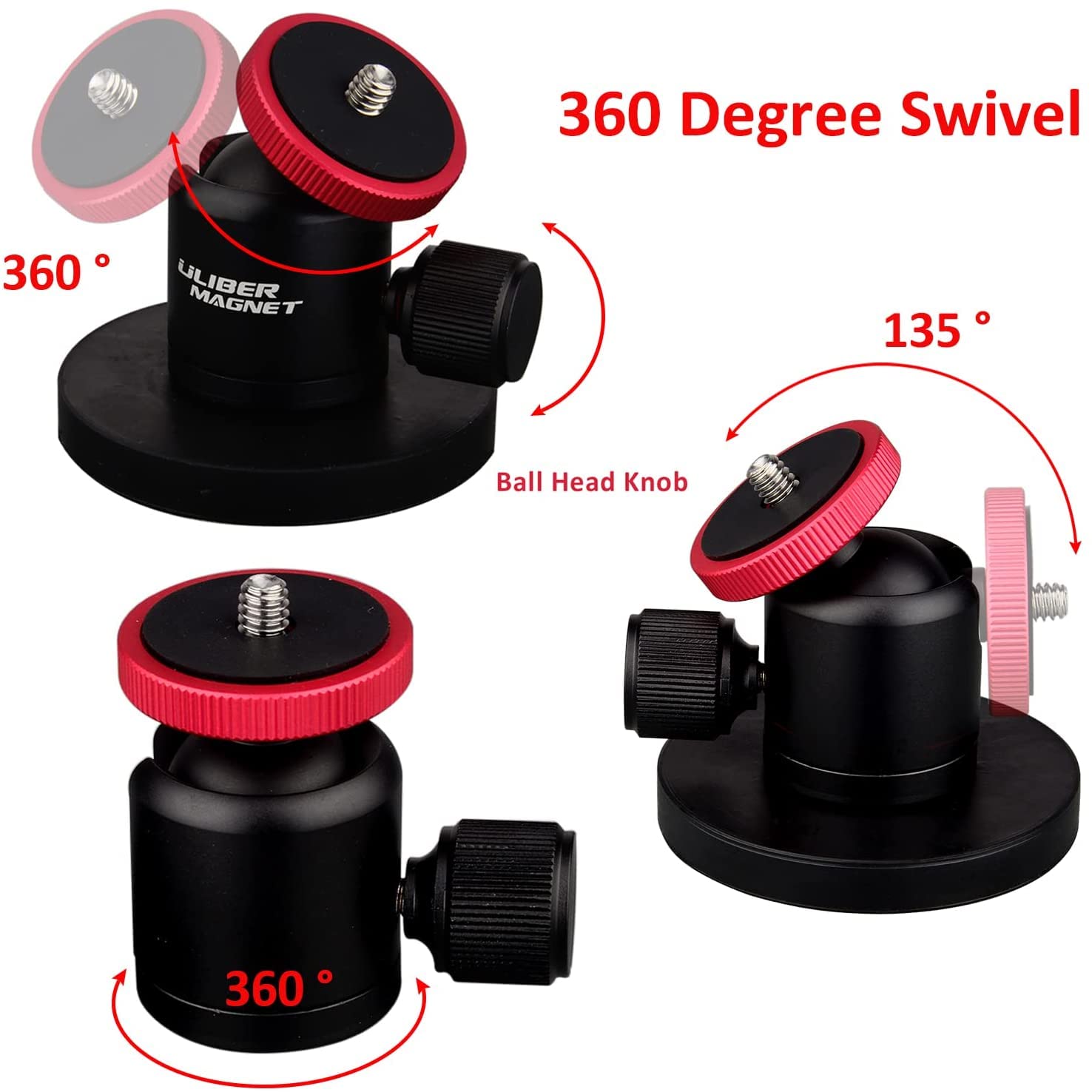 ULIBERMAGNET 60lb Magnetic Camera Mounting Base with Mini Ball Head, Super Strong Rubber Coating Neodymium Magnet with 1/4ββ-20 Male Thread Stud for Mobile Camera, Security Camera.