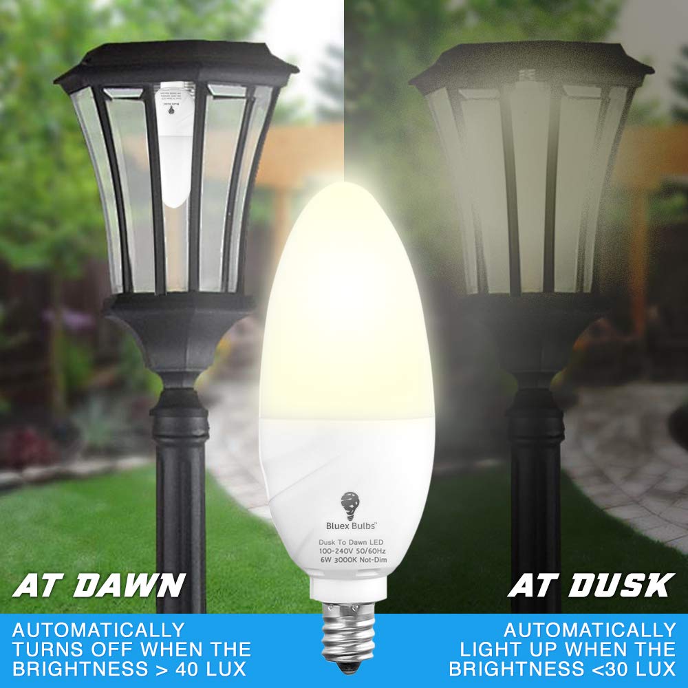 6 Pack Bluex Dusk to Dawn LED Bulbs, 6W E12 Base Light Bulb - 65W Equivalent β 3000K WarmLight White - Smart Light Sensor Candelabra Bulb, Home Security Indoor, Outdoor, Driveway, Yard, Porch Lighting