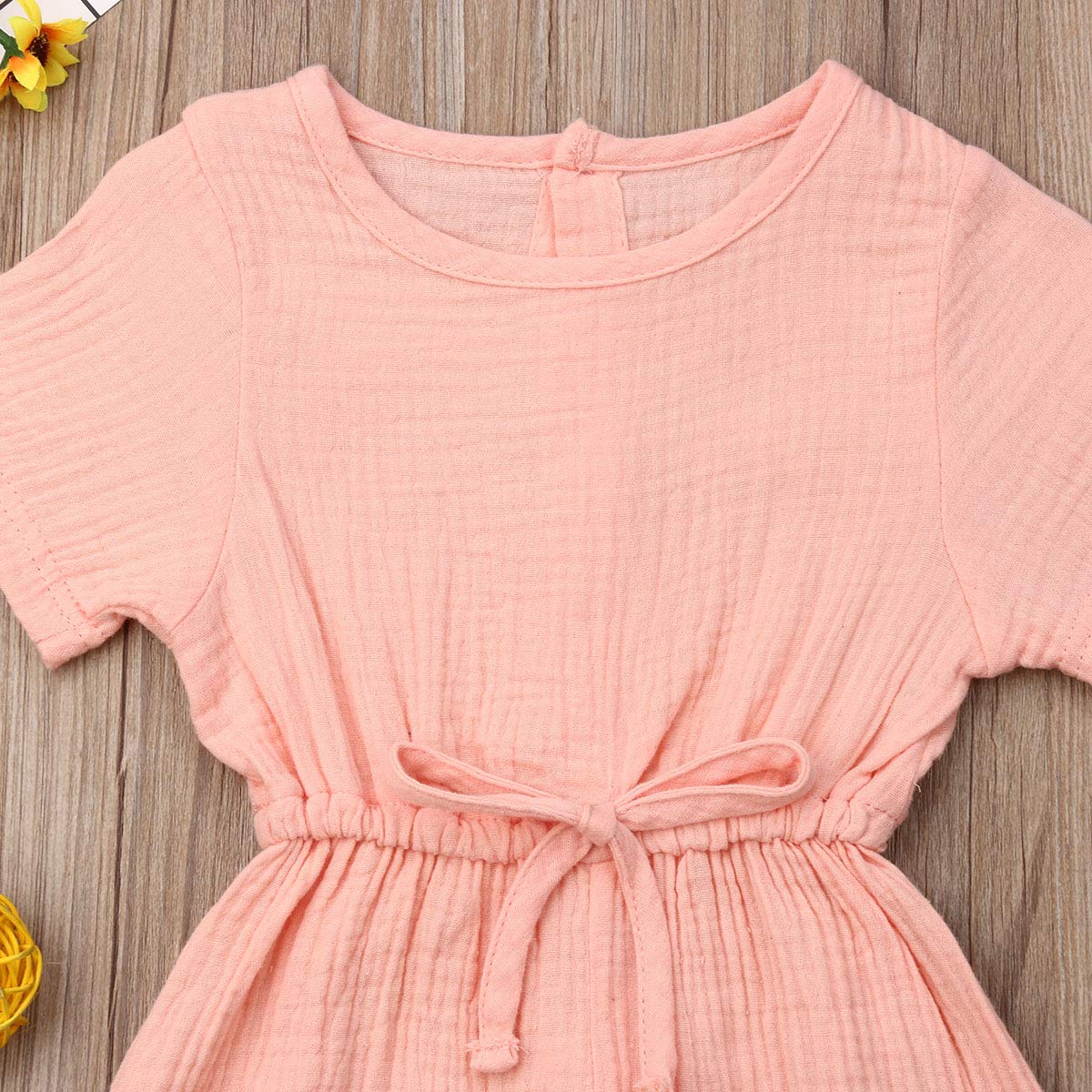 Mubineo Toddler Baby Girl Summer Fall Basic Plain Short Sleeve Cotton Linen Drawstring Romper Jumpsuit (Peach Pink, 2-3T)