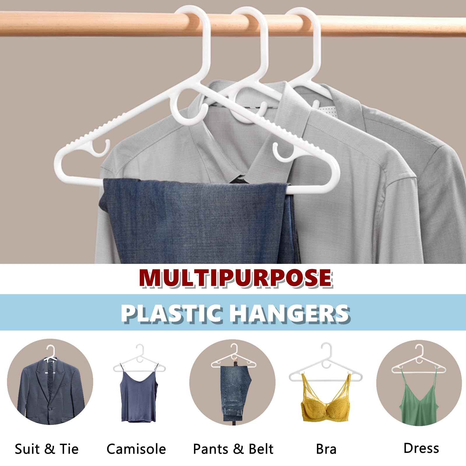 Amber Home 36 Pack Super Heavy Duty Plastic Hangers, White Plastic Hangers Non-Slip for Coat Jacket and Shirt, Non-Slip Pants Bar, Thick Strong Plastic Clothes Hangers with Hook for Scarves and Belts