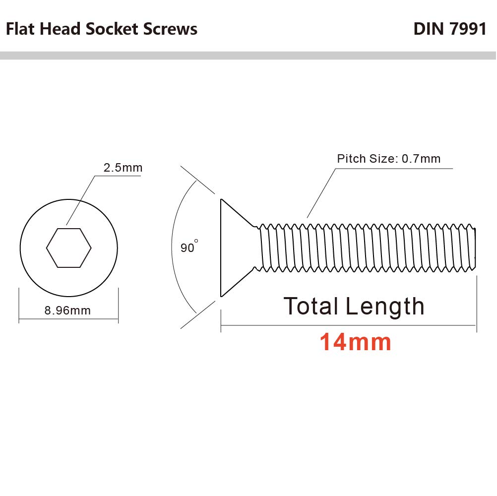 M4-0.7 x 14mm Flat Head Socket Cap Screws Countersunk Bolts, Stainless Steel 18-8 (304), Bright Finish, DIN 7991, Allen Socket Drive, 100 PCS