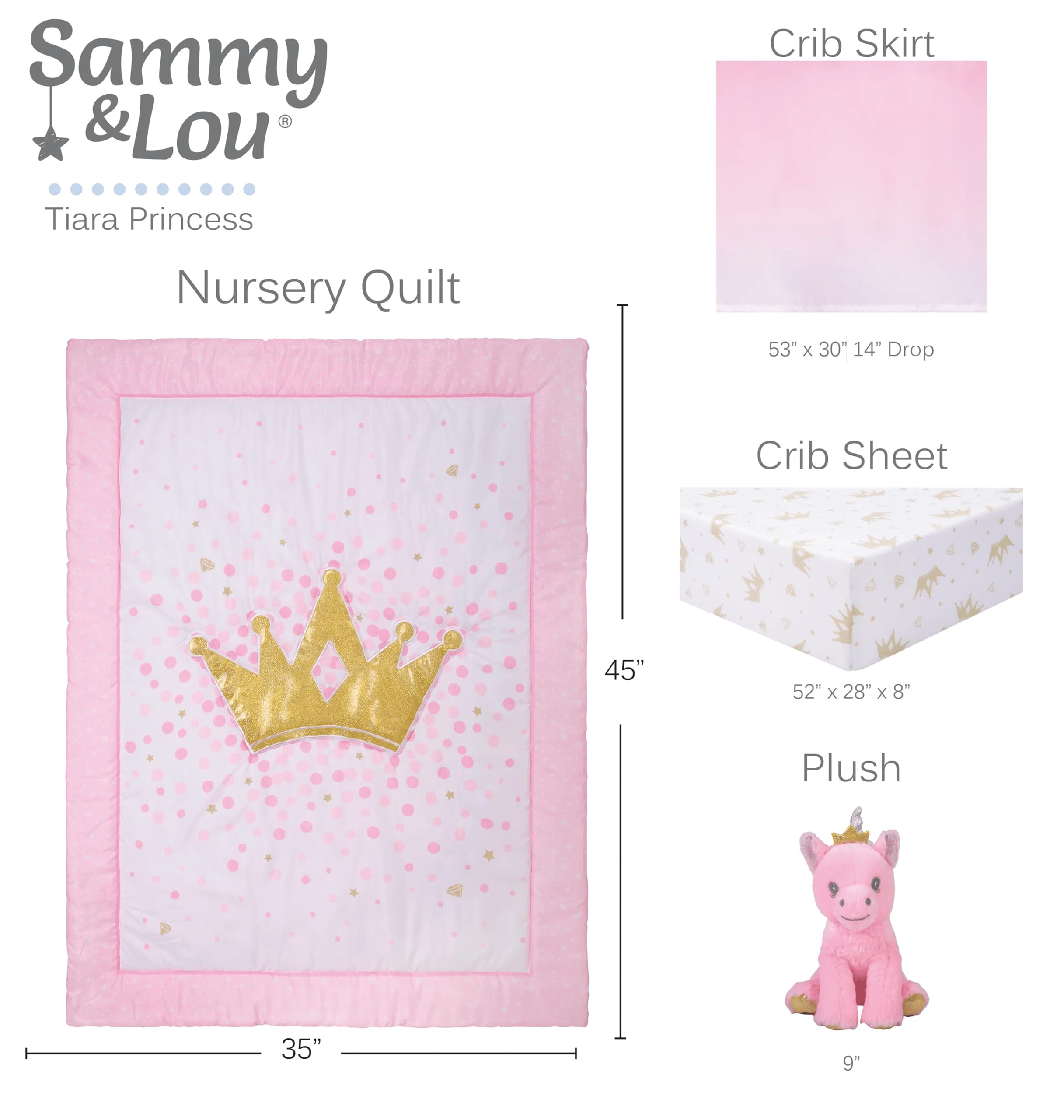 Sammy & Lou Tiara Princess 4-Piece Baby Nursery Crib Bedding Set for Girls, Includes Quilt, Fitted Crib Sheet, Crib Skirt, and Plush Toy