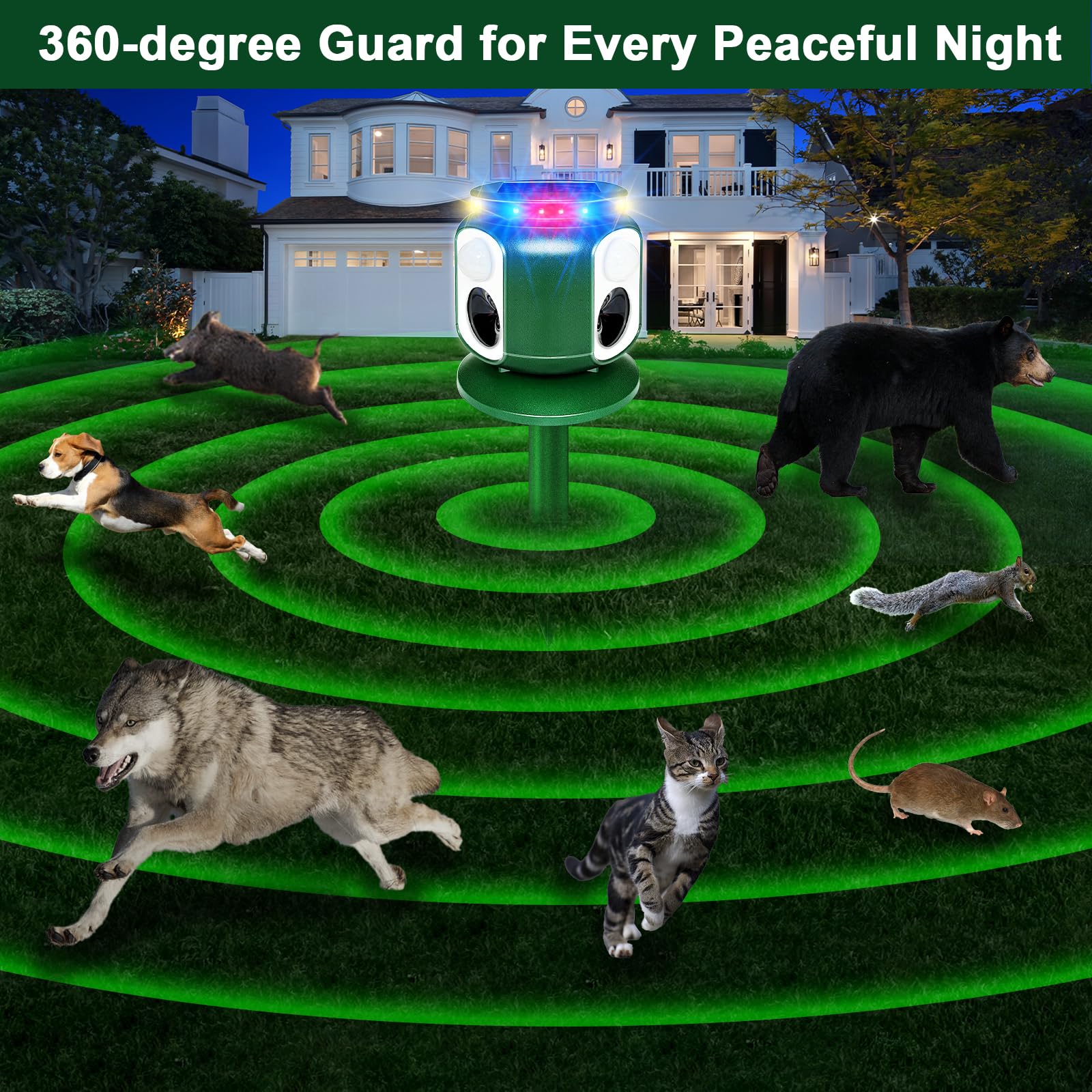 Ultrasonic Animal Repellent, Solar Animal Repeller, 2024 Upgraded Cat Repellent, 360° Squirrel Repellent with Motion Sensor & Flashing Light for Deer, Rabbit, Snake, Rodent, Bird, Mole, Dog, Fox