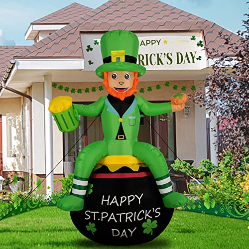 6ft St. Patrick's Day Inflatables Blow Up Outdoor Decorations Leprechaun on Pot of Gold with Beer and Clover Yard Decoration Built-in Led and Fan