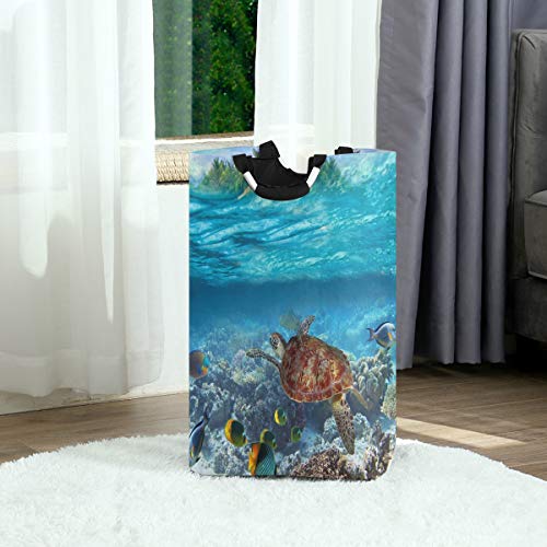XLING Collapsible Laundry Basket Tropical Fish Ocean Animal Turtle,Foldable Laundry Hamper Washing Clothes Basket Bin Storage Bag Organization with Handles