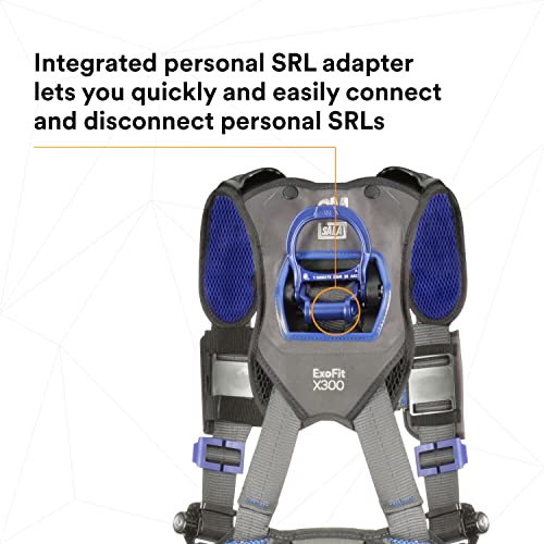 3M 1113133 DBI-SALA ExoFit X300 Comfort Construction Positioning Safety Harness, Construction Fall Protection, Aluminum Back and Hip D-Rings, Auto-Locking Quick Connect Leg and Chest Buckles, 2X
