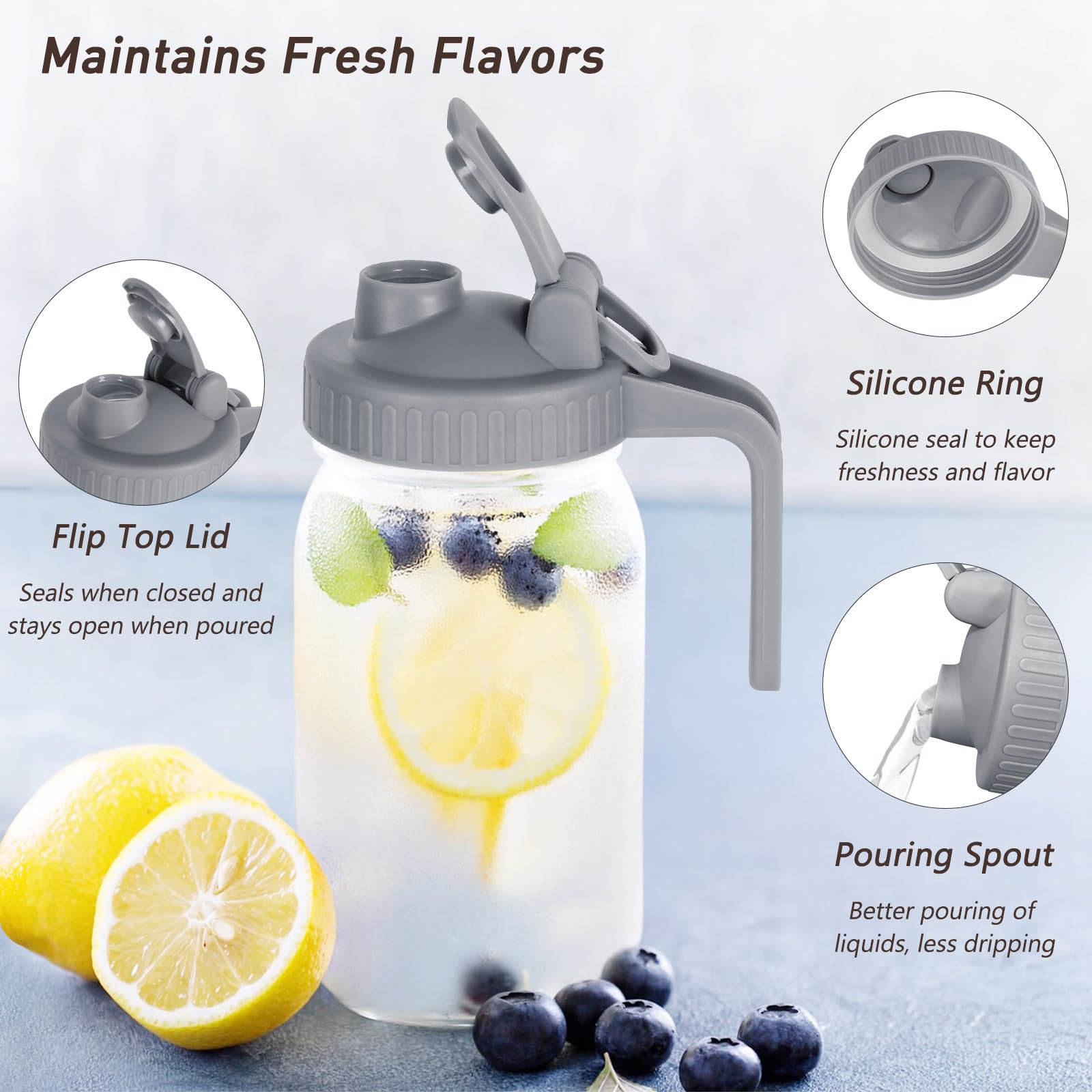 64 oz Pitcher Mason Jar - Heavy Duty Wide Mouth Jar with Flip Cap Lid and Pour Spout - Airtight Seal for Freshness and Convenience - Great for Cold Beverages, Breast Milk, and Home Entertaining