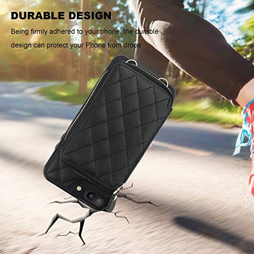 Bocasal Crossbody Wallet Case for iPhone 7/8 Plus, RFID Blocking PU Leather Zipper Handbag Purse Flip Cover, Kickstand Folio Case with Card Slots Holder Wrist Strap Lanyard 5.5 Inch (Black)