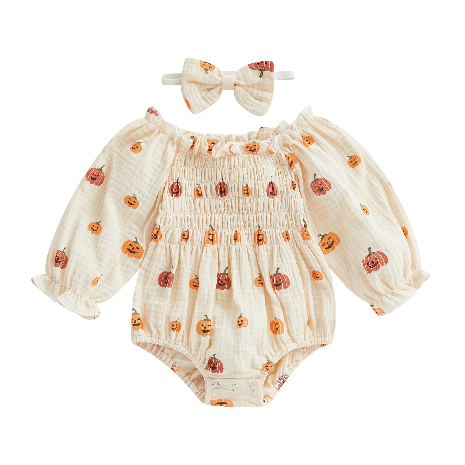 2pcs Infant Baby Girls Romper Dress Headband Long Sleeve Flowers Newborn Boho Girl Outfit Jumpsuit Clothes (Beige-Pumpkin, 12-18 Months)