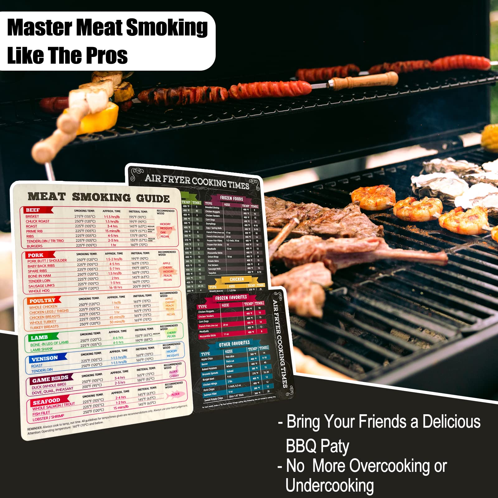 3PC Meat Smoker Guide,Meat Temperature Magnet,Meat Temperature Chart,BBQ Grill Smoker Accessories,Smoker Accessories Gifts for Men-Cook Time,Temperature Guide.