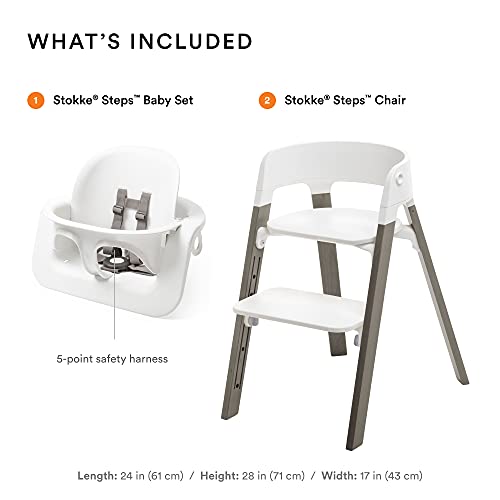 Stokke Steps High Chair - Hazy Grey Legs & White Seat - 5-in-1 Seat System - Includes Baby Set - Suits Babies 6-36 Months - Chair Holds Up to 187 lbs. - Tool Free & Adjustable
