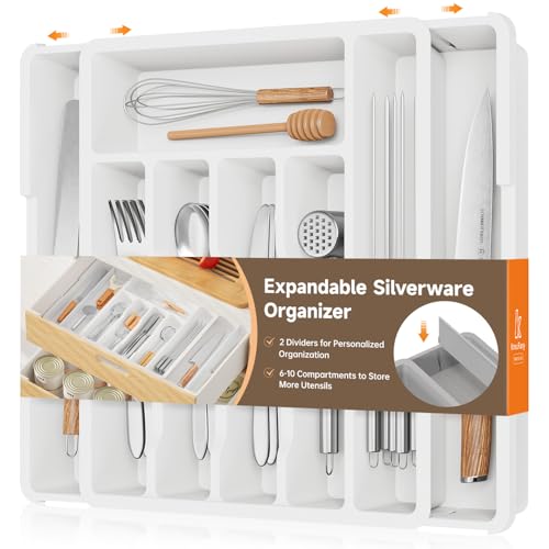 KreuRaxy Expandable Silverware Cutlery Utensil Organizer Tray for Kitchen Drawers, 13 to 22.8 Inch Adjustable Design with 2 Divider, Flatware Tableware Tray for Spoon Spatula Forks, Large, White
