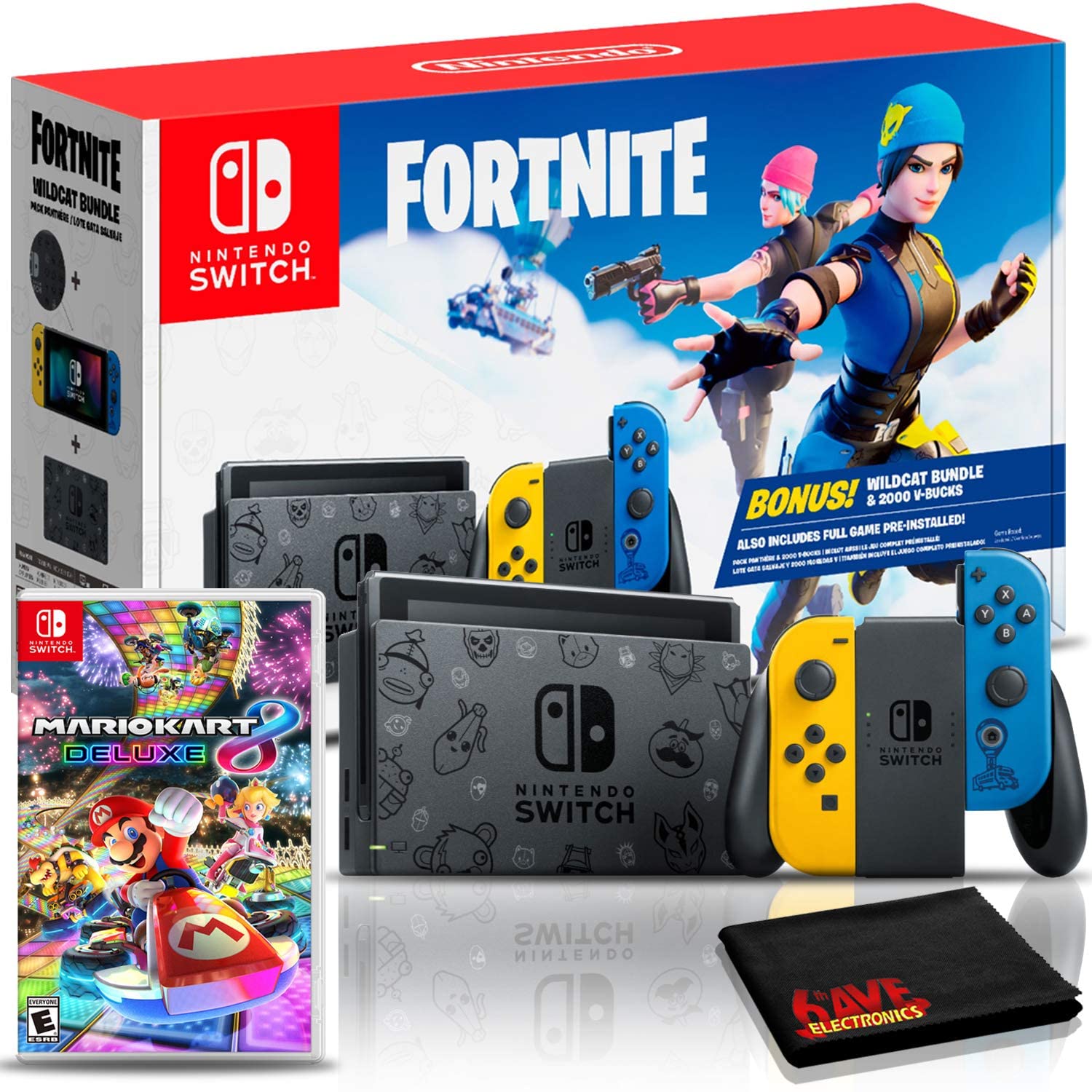 Fortnite Wildcat Bundle with Mario Kart 8 Deluxe and 6Ave Cleaning Cloth (Renewed)