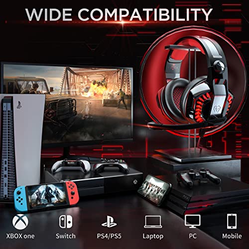 Foyose Gaming Headset for PS4 PS5 Xbox one PC, PS4 Headset with Noise Cancelling Mic, Soft Memory Earmuffs for Mac Laptop (Black RED), (YZ-US-GM2R)