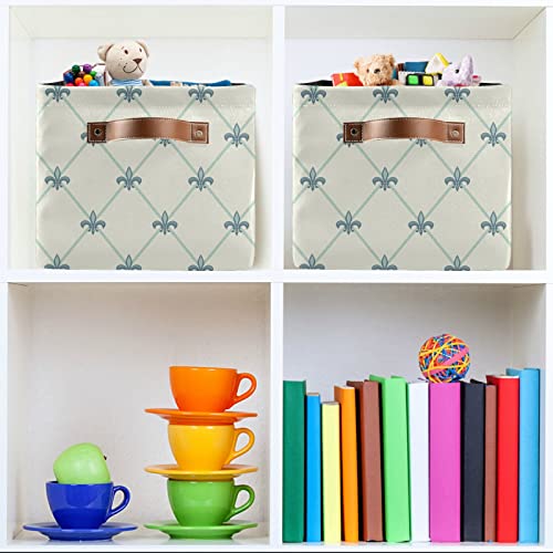 Fleur De Lis Storage Basket Floral Plaid Storage Organizer Box Bin Large Collapsible Cube Baskets with PU Handles for Shelf Closet Nursery Laundry 2 Pack