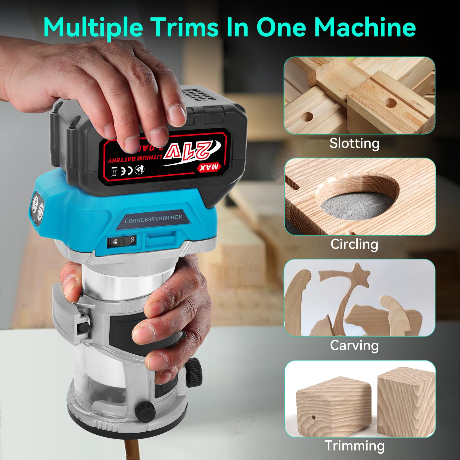 iklestar Cordless Compact Wood Router, 21V Wood Router Tool With 2PCS Batteries Brushless Portable Handheld Palm Routers for Woodworking Electric Trimmer Wood Router with 15 PCS 1/4" Router Bits
