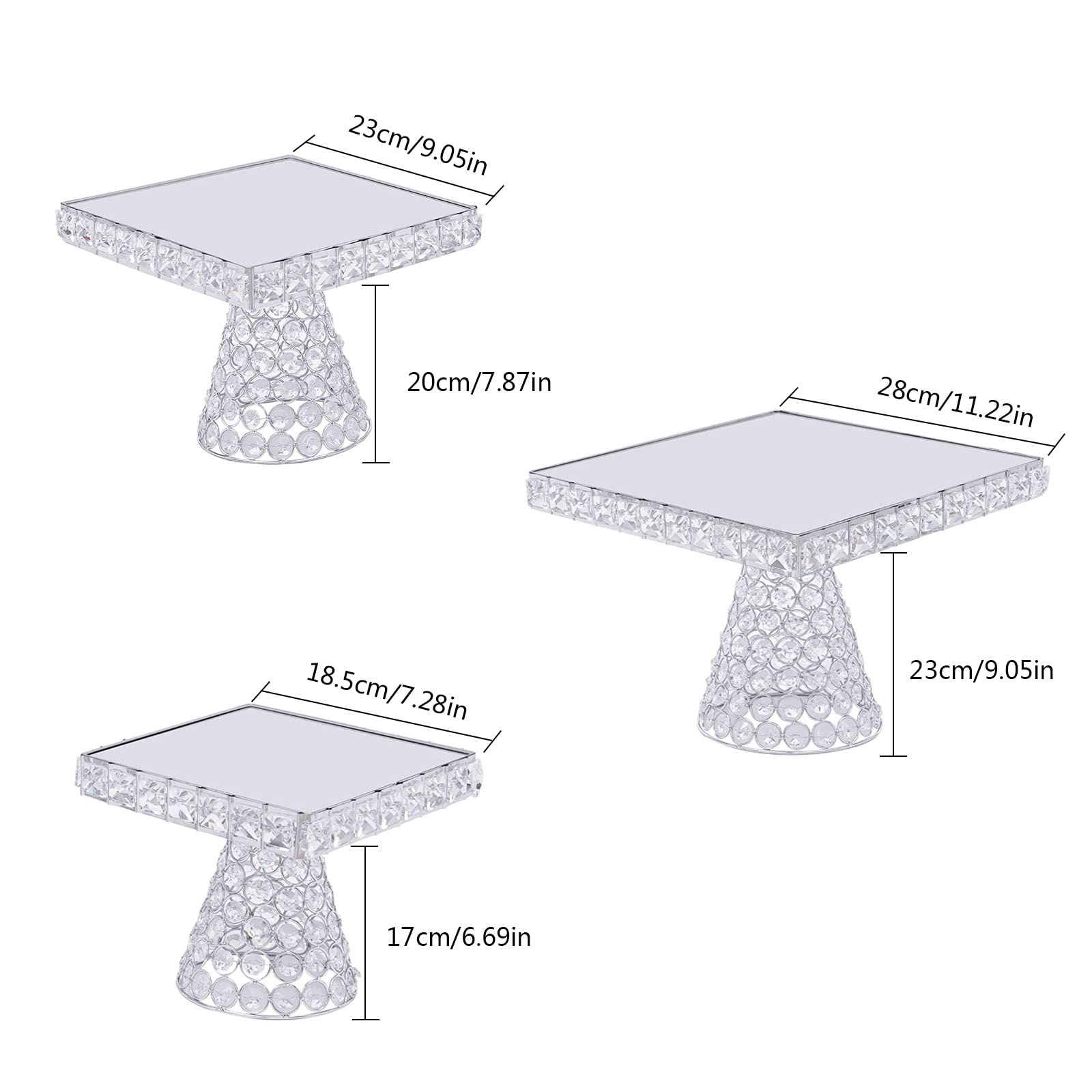 3pcs Crystal Cake Stand, Mirror Cake Tray Dessert Cupcake Pastry Candy Display Plate for Christmas Wedding Event Party Decoration (Silver)