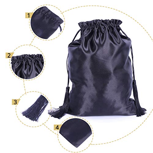 Satin Bags for Packaging Hair Extensions, Bundles, Wigs Soft Silk Pouches With Drawstring for Hair Tools Storage Bags with Tassel Gift and Travel Bag Supernova Hair (Blank Bag-Black, 3 pieces)
