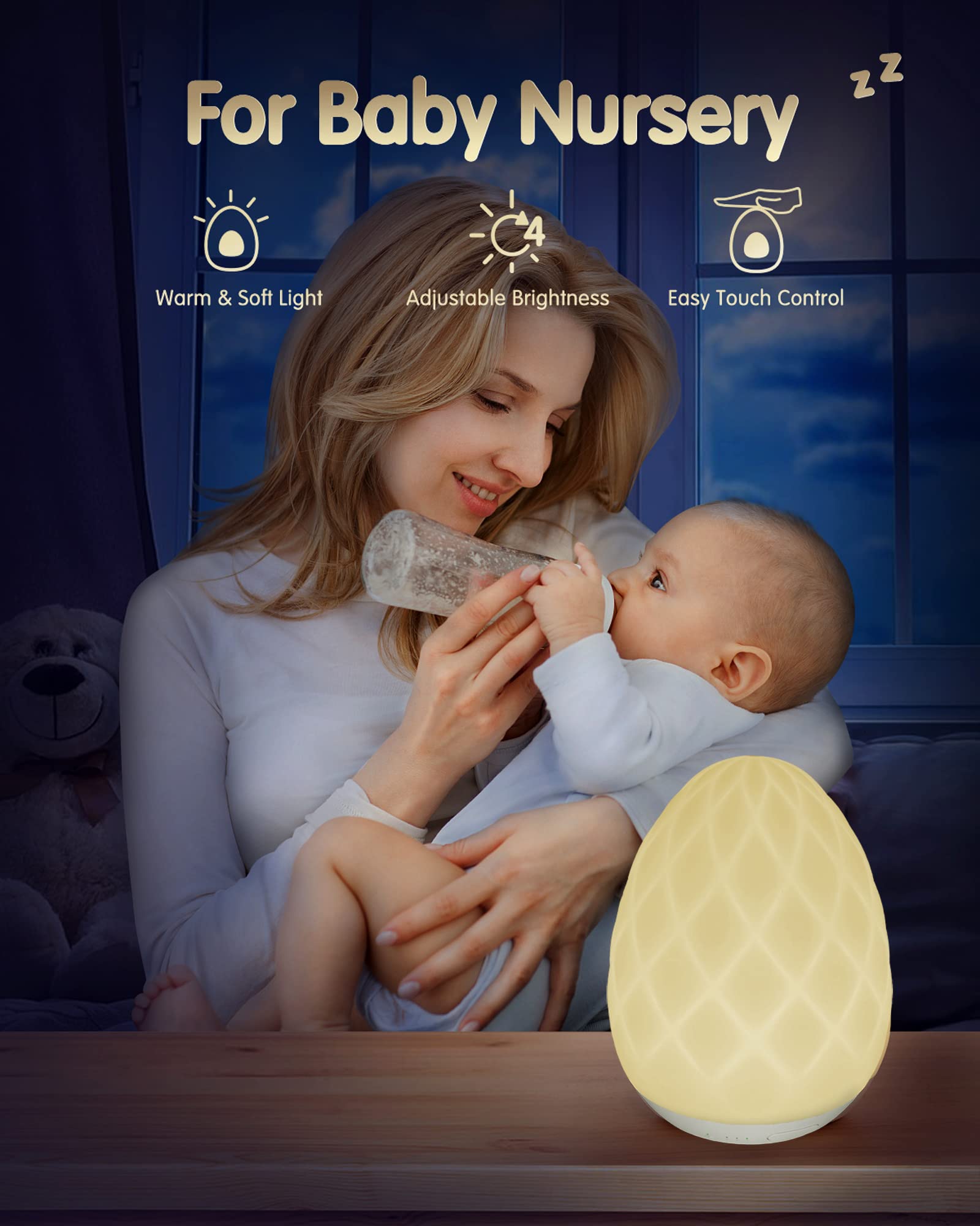 Vovoly Rechangeable Baby Night Light, Large Egg Lamp with Long lasting Battery - Multi-color Cycling- Timer &Touch Control, Battery Powered and Operated Nursery Led Light