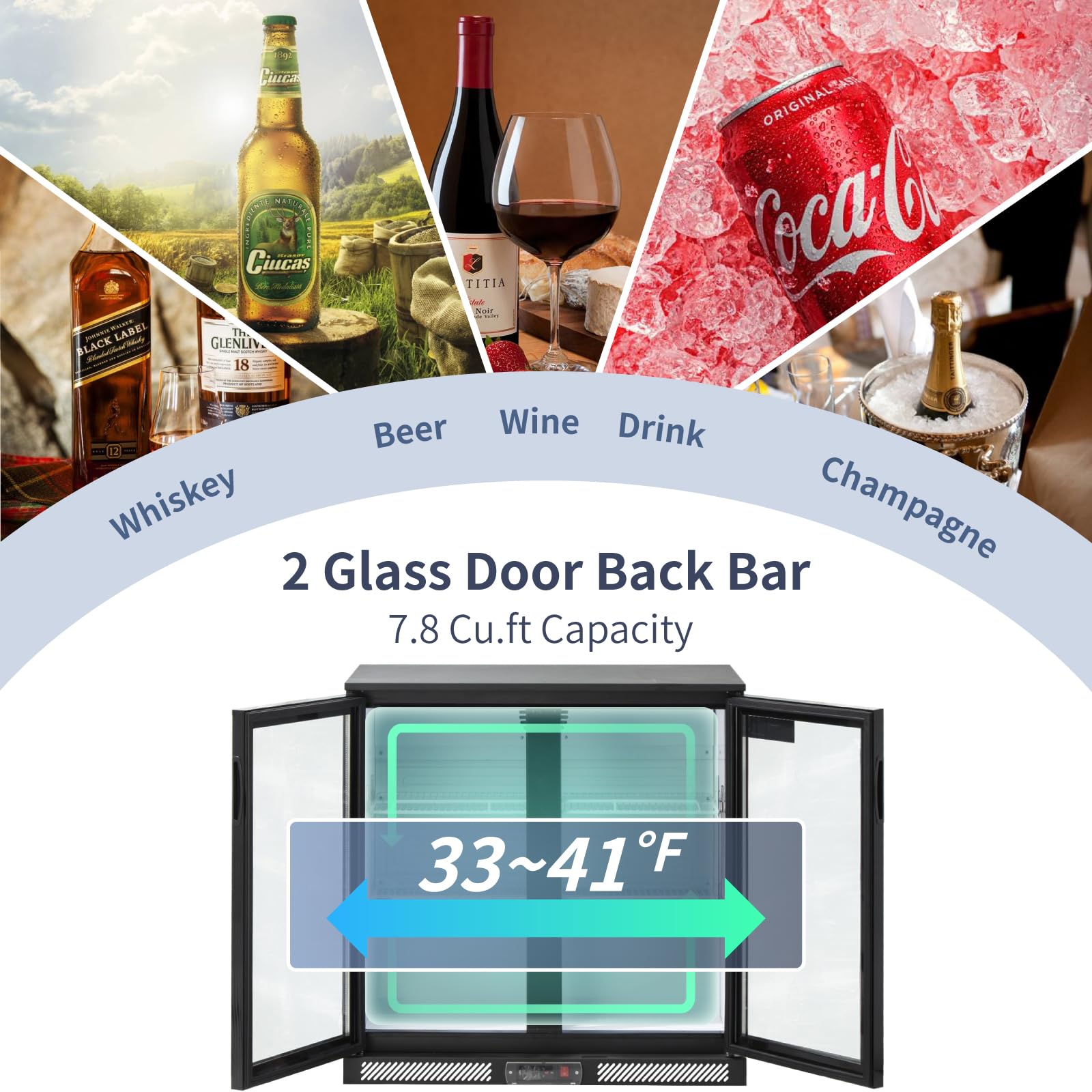 ICECASA Beverage Refrigerators 2 Glass Door Back Bar Refrigerator Commericial Counter Height Refrigerator LED Lighting Merchandiser 7.8 Cu.ft for Soda Beer