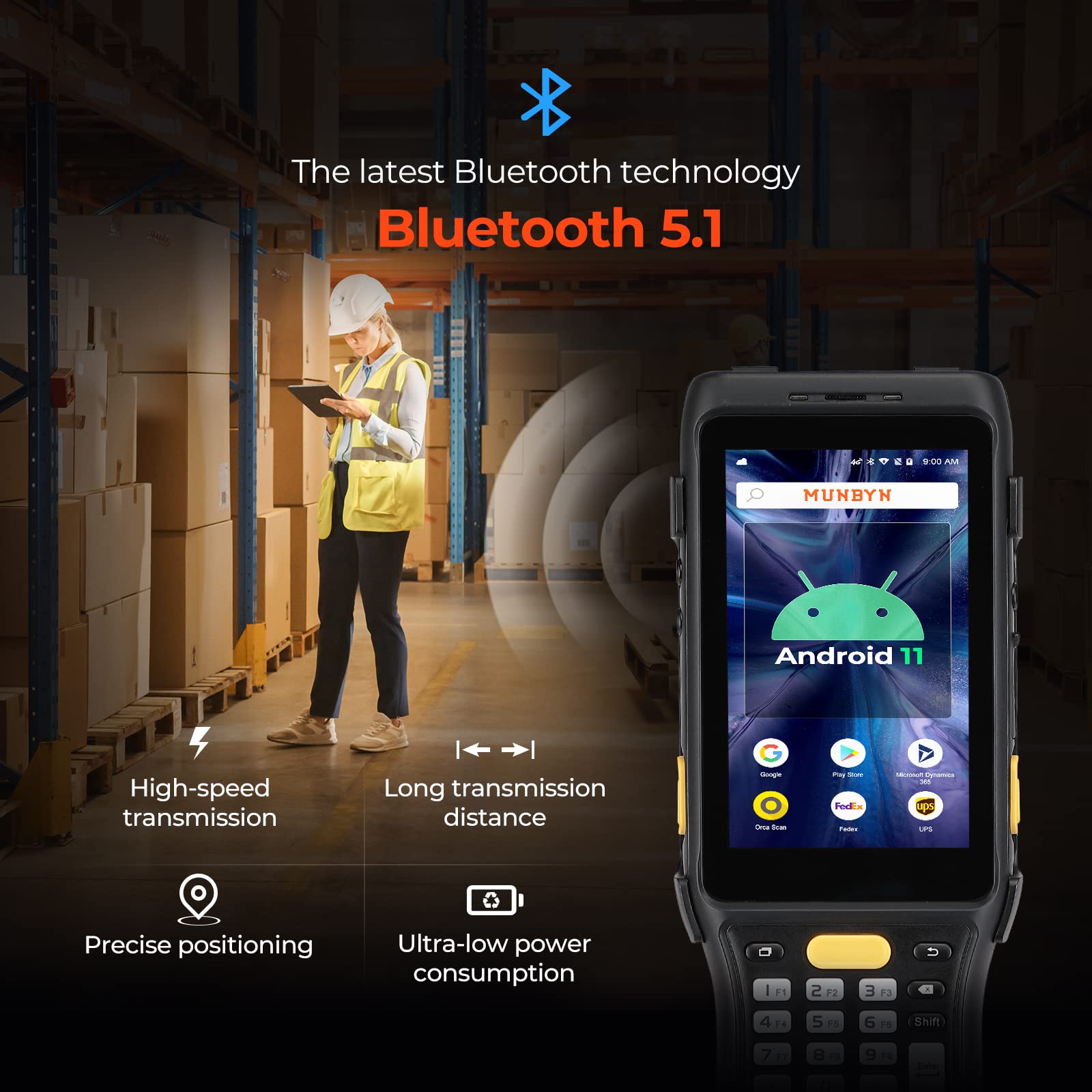 MUNBYN 088P 2024 New Long-Range-Android-Barcode-Scanner, Android 11 PDA, Equip with Zebra 4850 Scanner, Long Distance Inventory Scanner with Pistol Grip, 1D 2D QR for Warehouse(Android 13 Upgradeable)