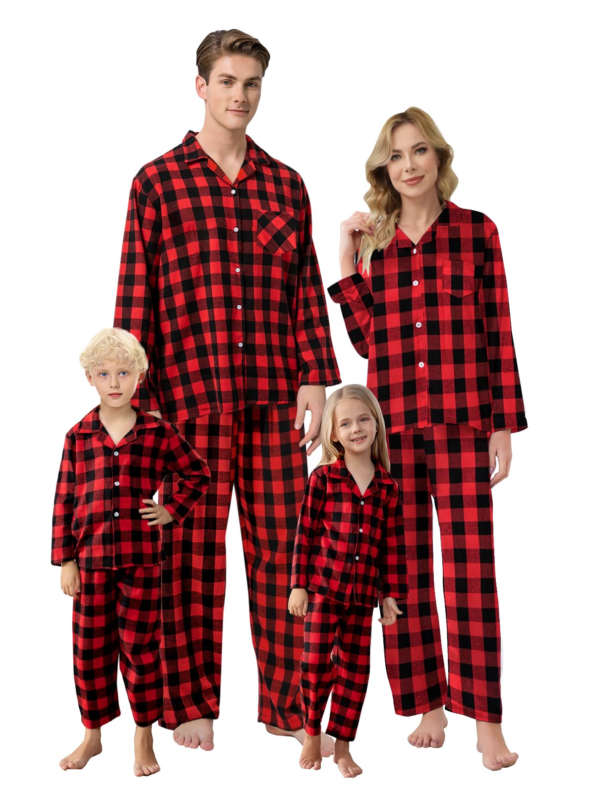 Family Plaid Pajamas Set, Baby Toddler Little Boy's Girl's 2-Piece Button Down Sleepwear Pjs, Black Red, 9-10 Years=Tag 150