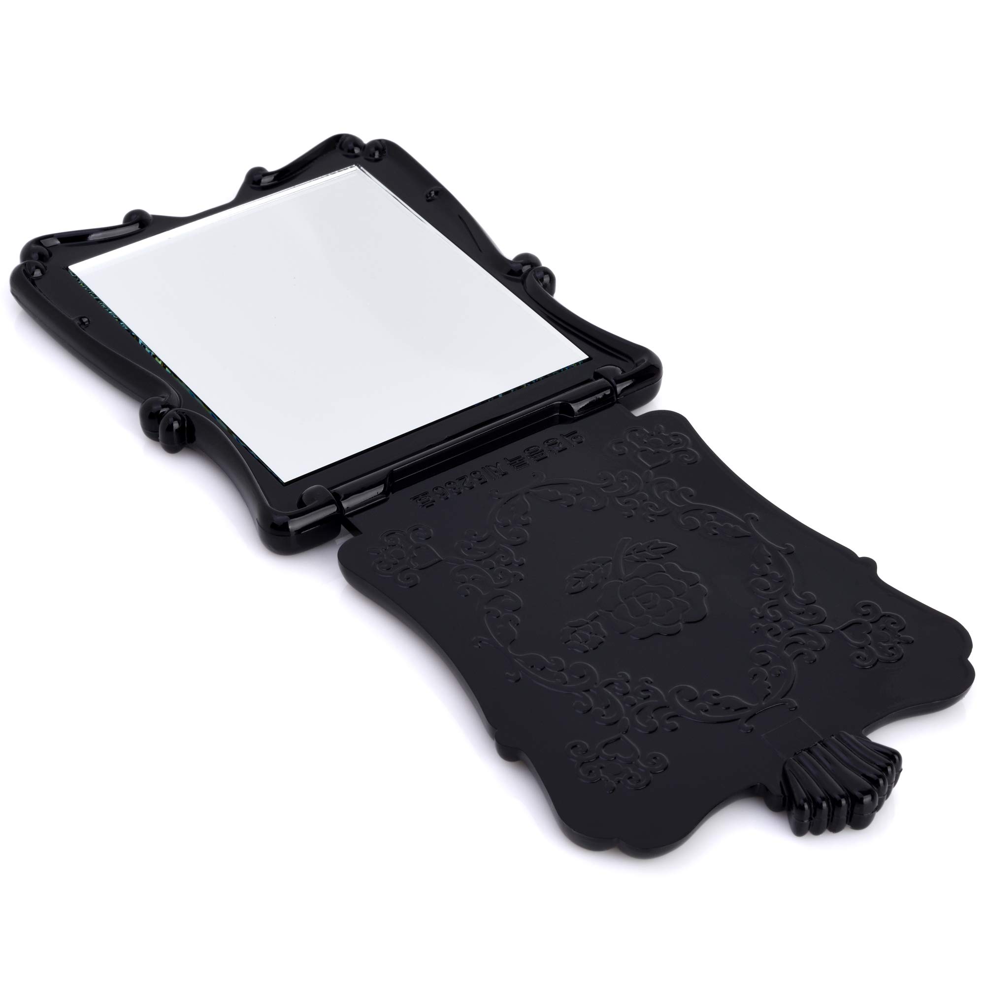 Travel Pocket Makeup Compact Handheld Mirror with Stand, Small Black Rose