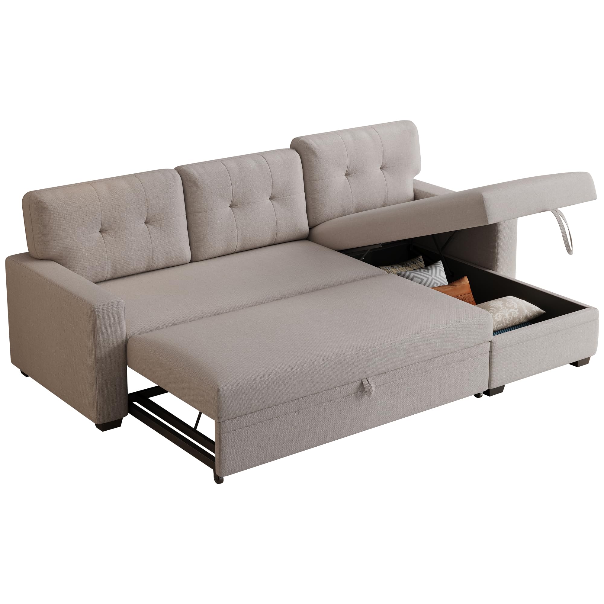 Acosure 82" Sectional Sleeper Sofa with Storage Chaise & Pull-Out Bed,L-Shape Convertible 3 Seater Couch W/Tufted Backrest,Reversible Sleeper for Living Room Apartment Office,Beige