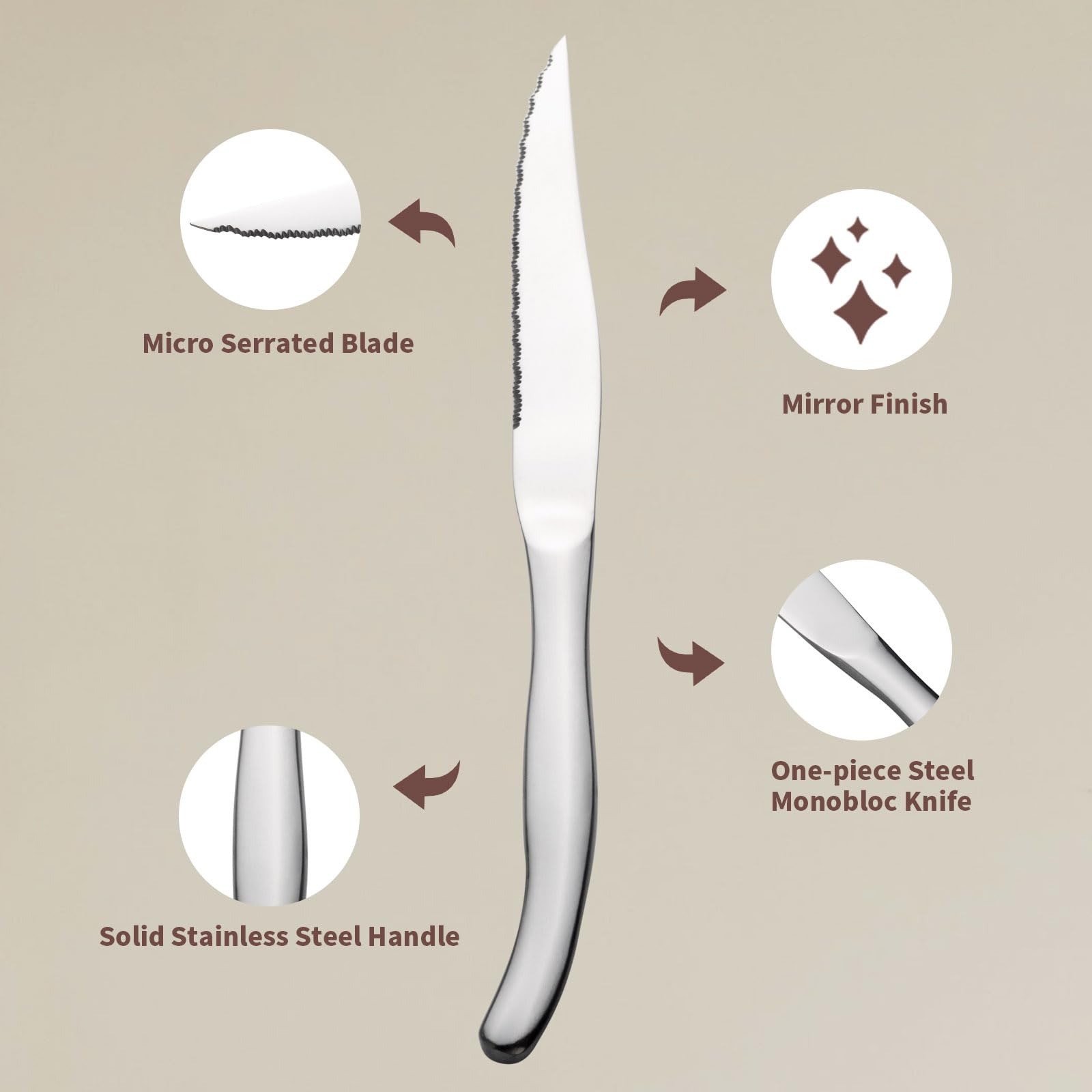 Alata 8-Piece Steak Knives Set, Stainless Steel Steak Knife set with Serrated Edge, Razor-Sharp, One-piece Forged Construction, Dishwasher Safe