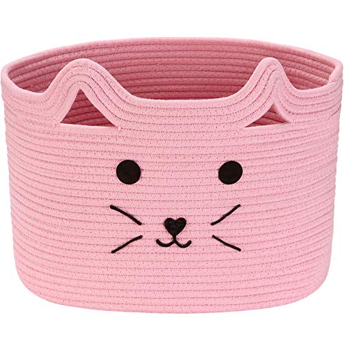 Sea Team Large Cotton Rope Storage Basket with Handles, Woven Storage Bin, Nursery Storage Box, Toys Clothes Organizer, Fabric Pet Storage Basket, Nest for Cat, Dog, 16.5 x 11.8 x 11 inches, Pink