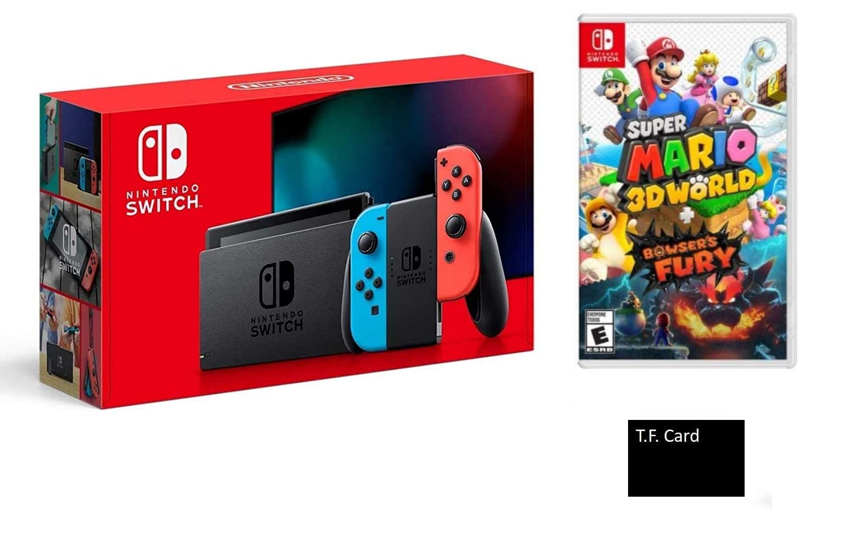 NEW Switch Deluxe Holiday Game Bundle: Nintendo Switch with Neon Blue and Neon Red - 6.2" Touchscreen LCD Display + Super Mario 3D World + Bowser's Fury and T.F. Card