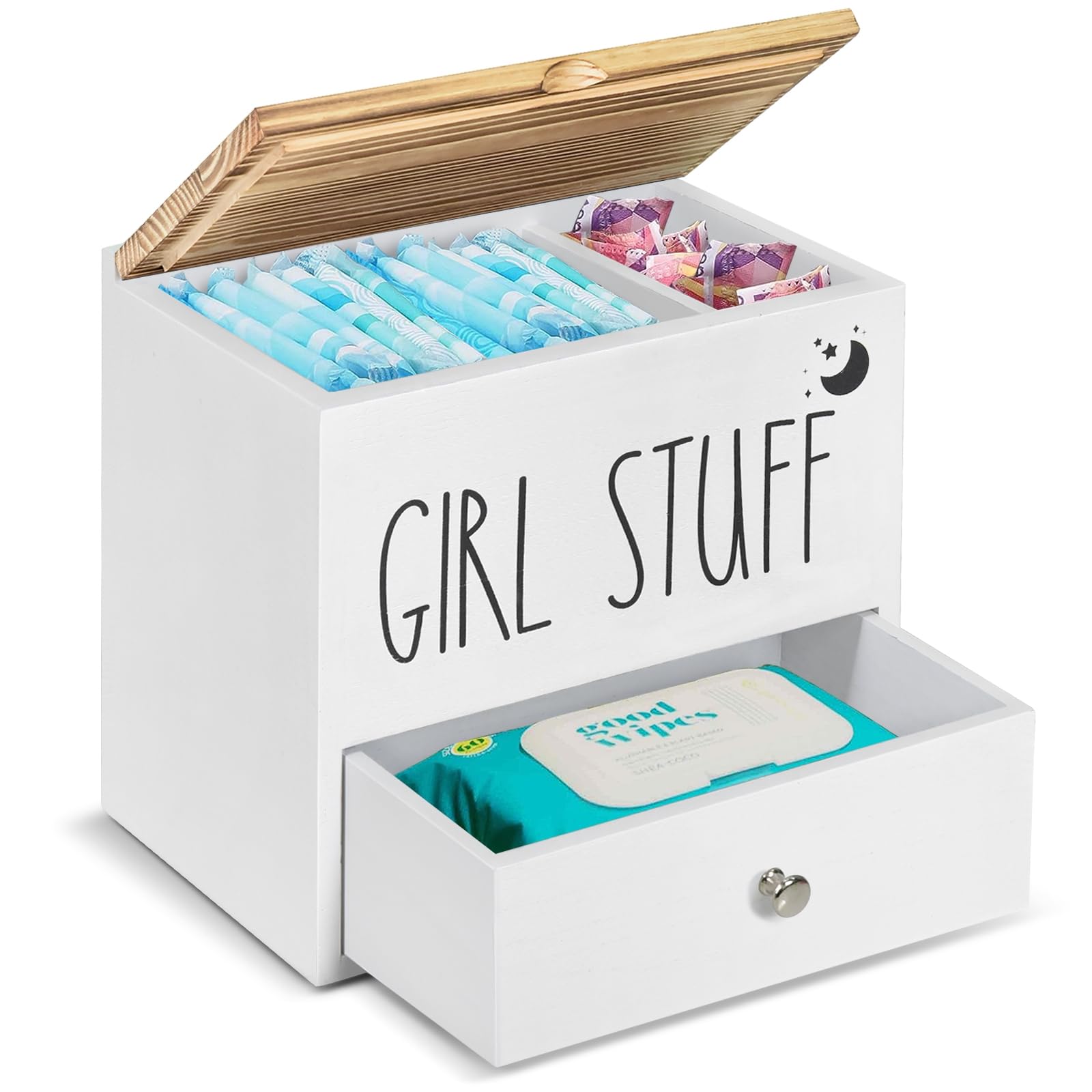 Tampon Holder for Bathroom Decor and Storage, Wood Feminine Product Organizer with Drawer and Lid, Pad and Tampon Organizer Bathroom Accessories Box for Tampon Storage, White Cotton Ball/Swab Holder