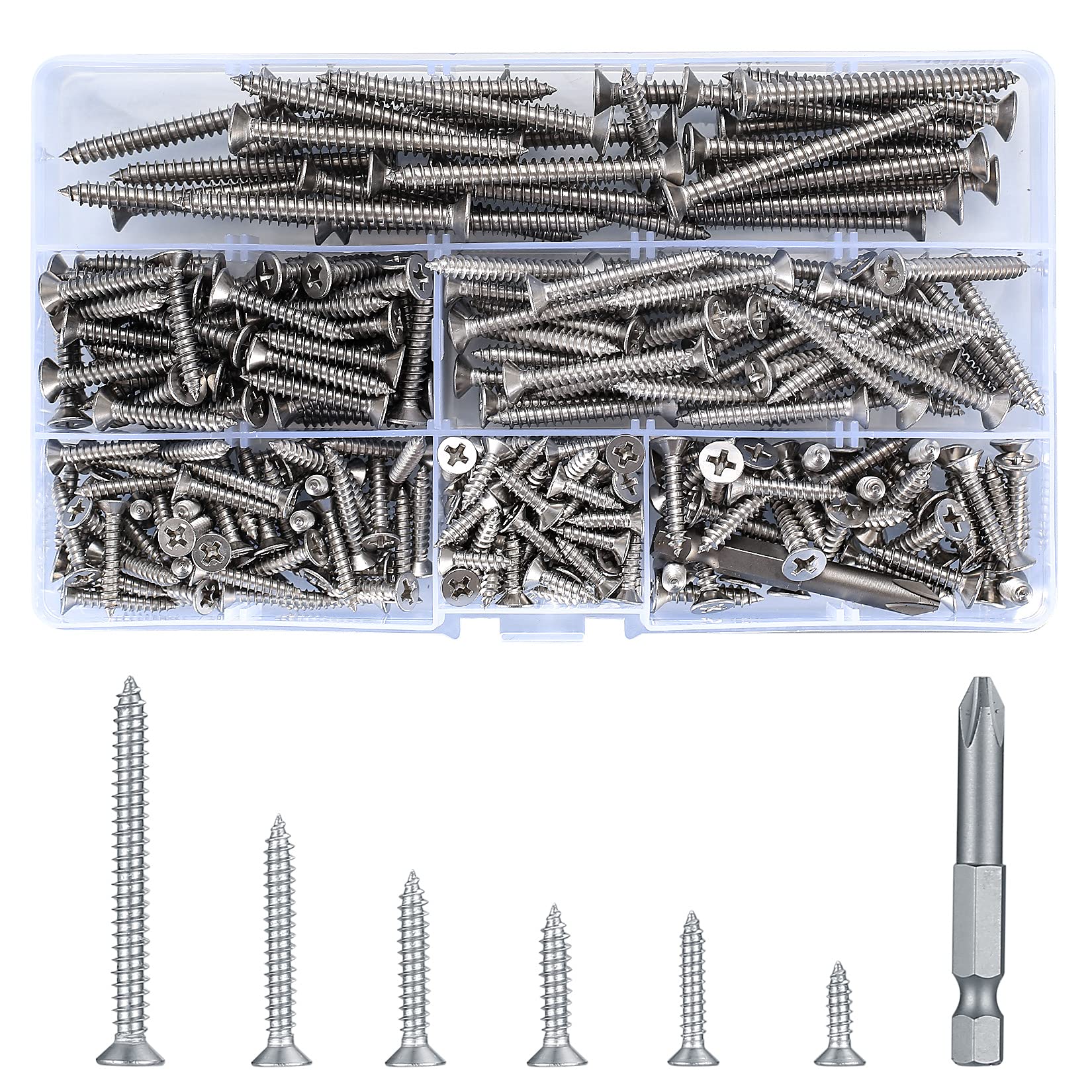 300 Pcs Self Tapping Screws Assortment Set, M3.5/M4.2/M4.8 Phillips Drive Wood Screws, Stainless Steel Round Flat Head Sheet Metal Screws Assortment Kit