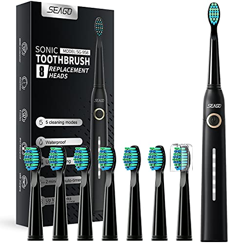 SEAGO Electric Toothbrush for Adults, with 8 Heads and 5 Modes, Rechargeable Sonic Tooth Brush One Charge for 30 Days, with 2 Mins Timer(Black)