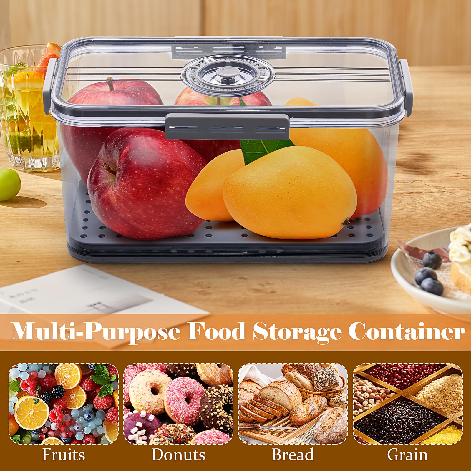 Bread Box Bread Storage for Homemade Bread, Airtight Bread Container Time Recording Bread Boxes for Kitchen Counter, Bread Keeper Bread Containers Storage Airtight Loaf, Grey