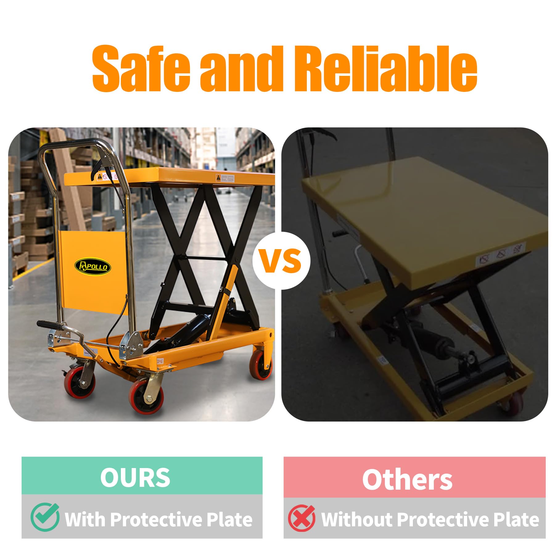 APOLLOLIFT Hydraulic Lift Table, 1100lbs Capacity 35.4" Lifting Height, Single Scissor Lift Table Cart with 4 Wheels and Safety Back Guard for Material Handling and Transportation