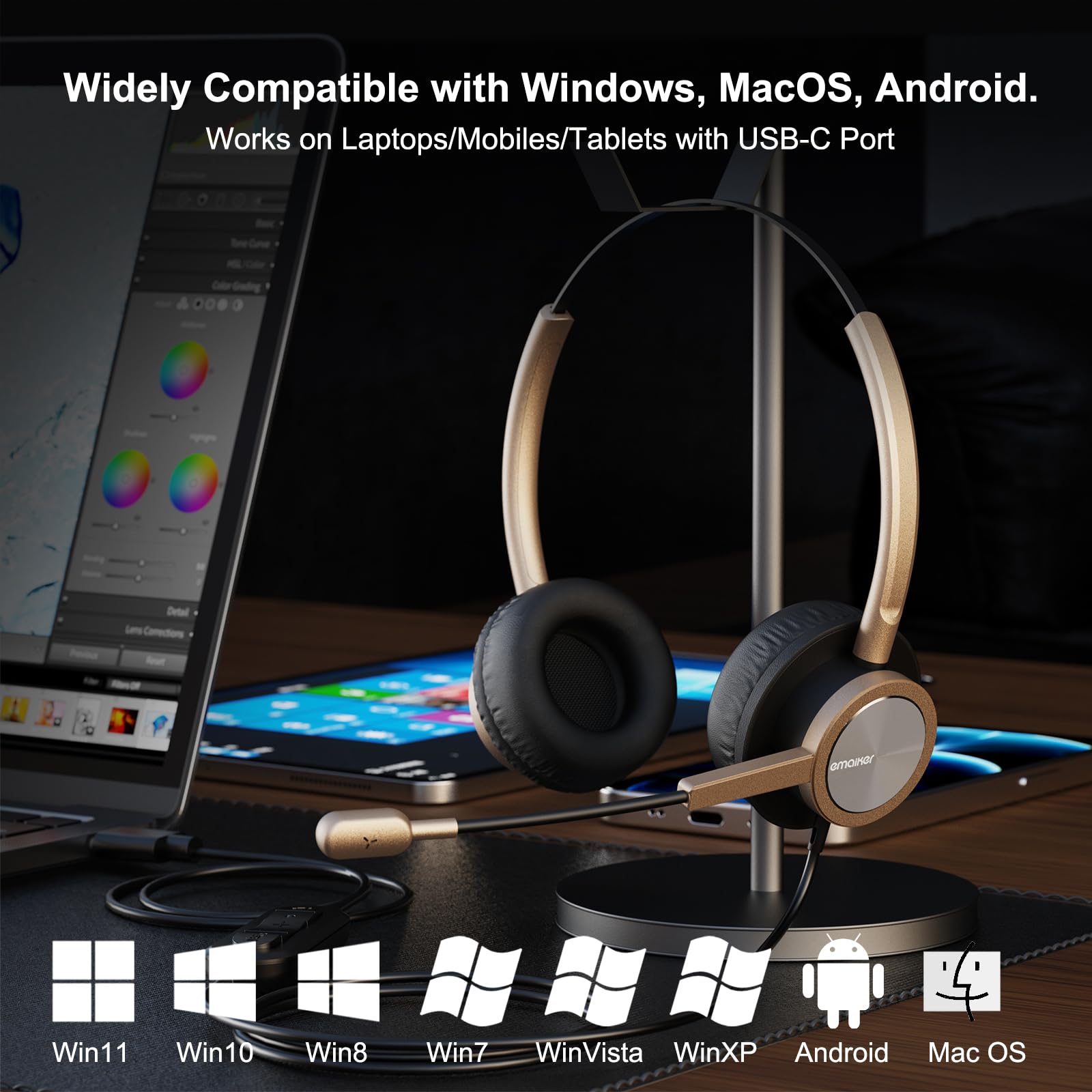 USB Type C Headphones with Noise Canceling Microphone, USB-C Headset with Mic for PC, Laptop, Lightweight Gold Headset for Call Center Office Laptop, Skype, Zoom, Webinar, Google Meet, WeBex