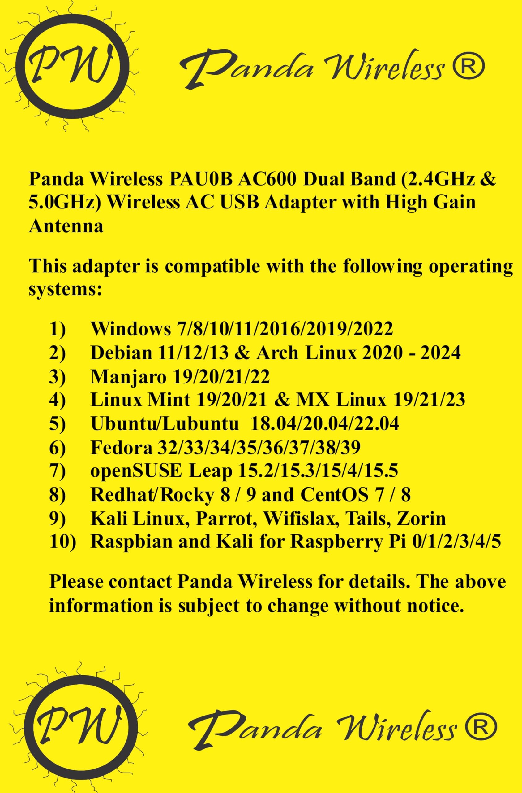 Panda Wireless® PAU0B AC600 Dual Band (2.4GHz and 5GHz) Wireless N USB Adapter W/High Gain Antenna - Windows 7/8/8.1/10/11, Zorin, Mint, Ubuntu, openSUSE, Fedora, Kali Linux and Raspbian